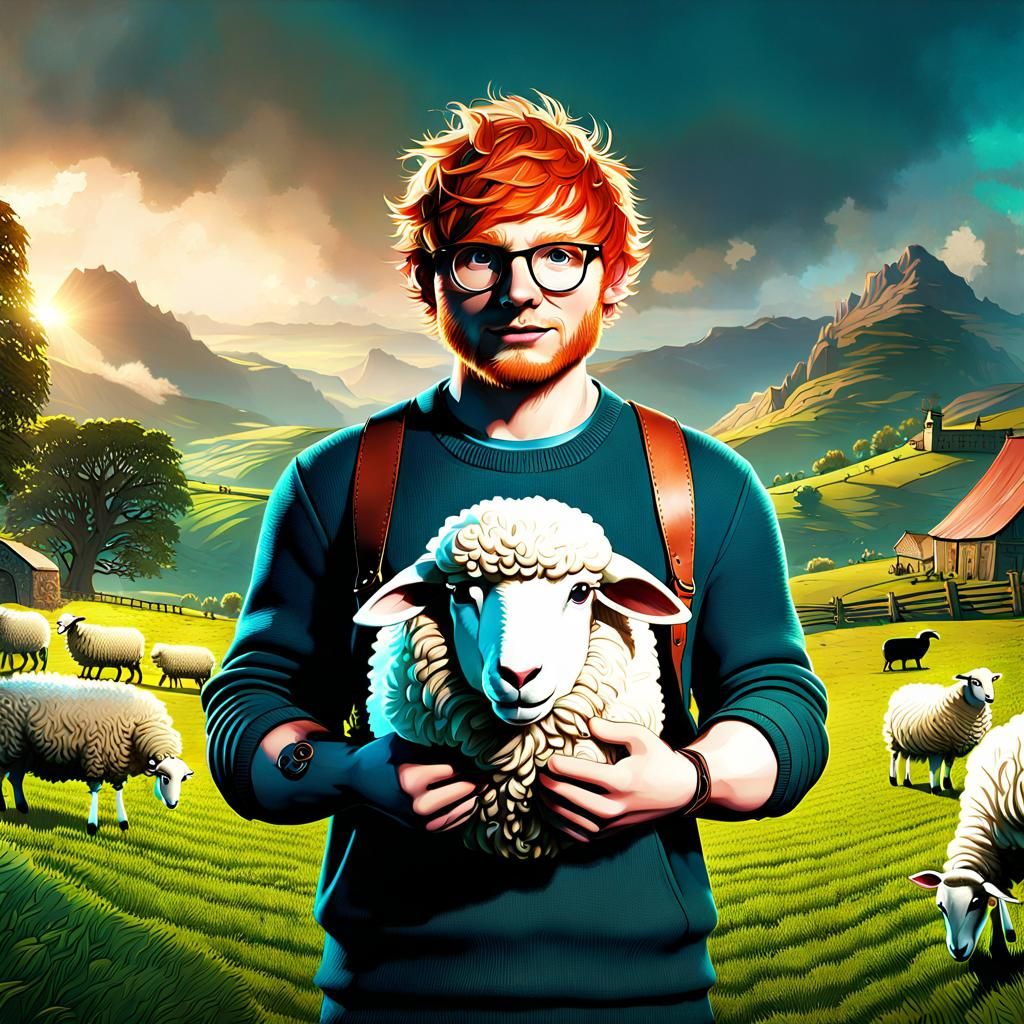 Ed Sheeran holding a large pair_of_scissors + a sheep, farm background ...
