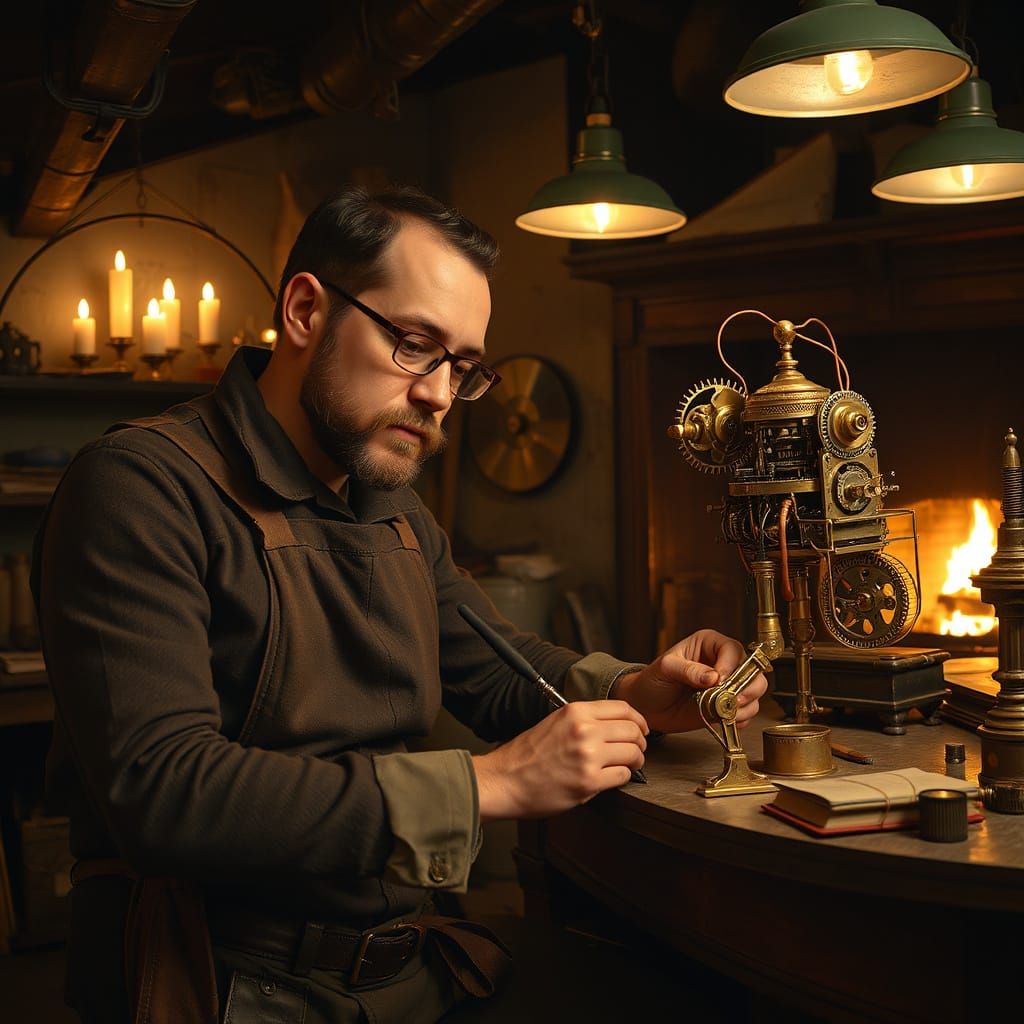 This image depicts an inventor in the 1840's building an automaton in ...