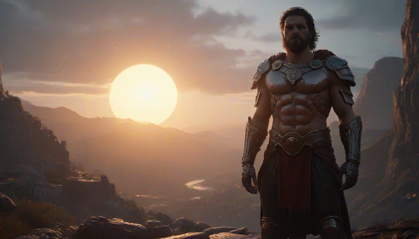 Sunrise. Jason in the mountains of Colchis