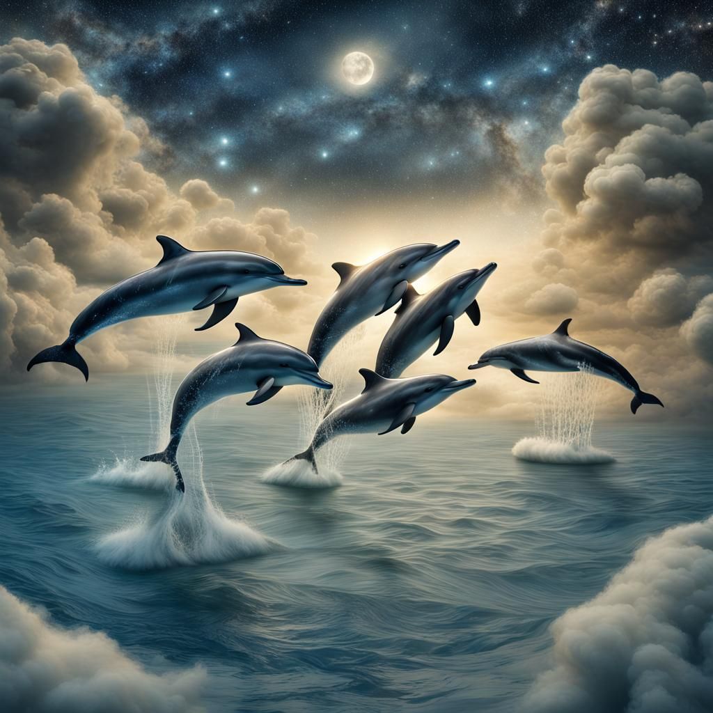 Dolphins swimming through the clouds on a starry night, intricate ...