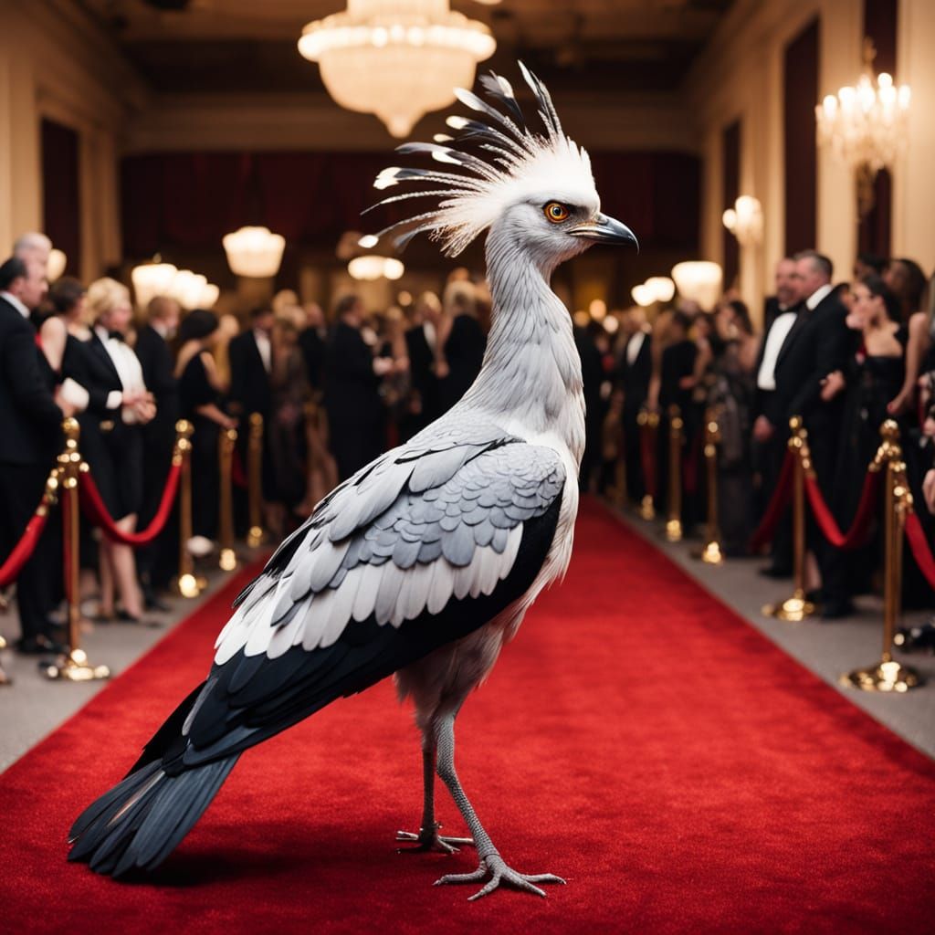 Glamorous Secretary Bird Struts Red Carpet in Holl... - AI Art