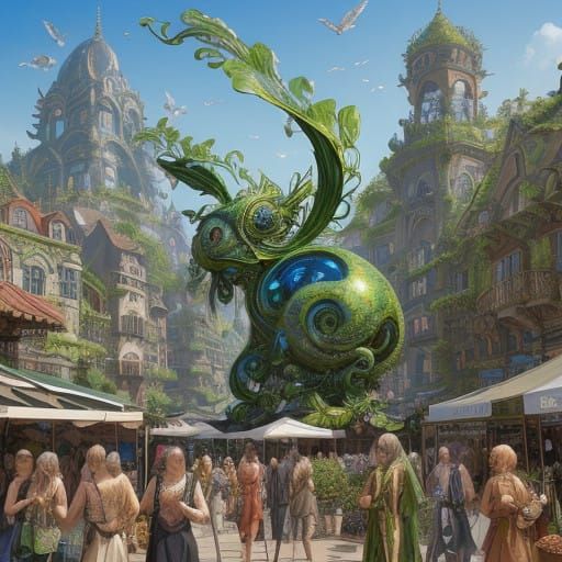 Surreal Solarpunk Village Scene with Majestic Sola... - AI Art