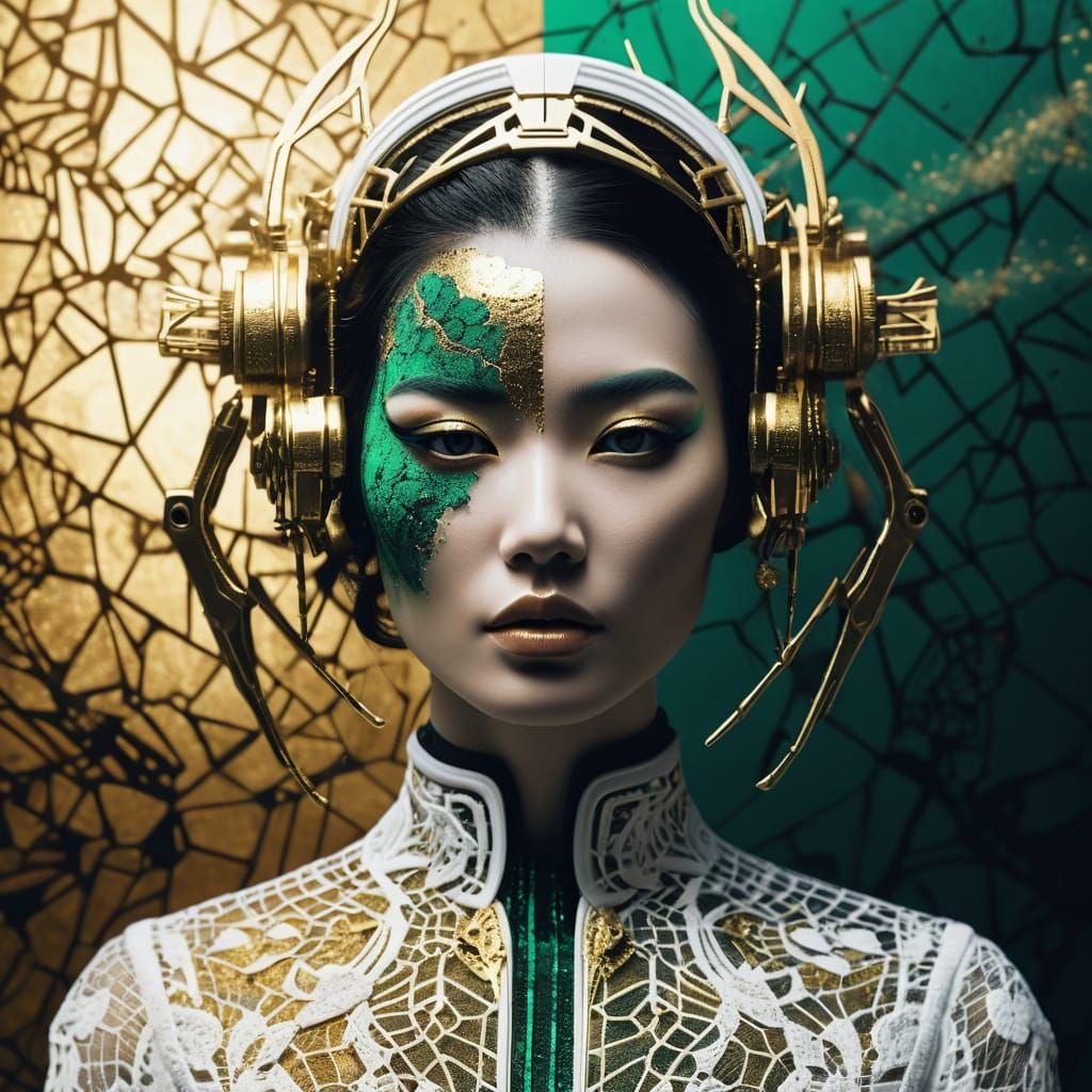 Cyborg Goddess in Noir, Gold, and Emerald Green: A... - AI Art