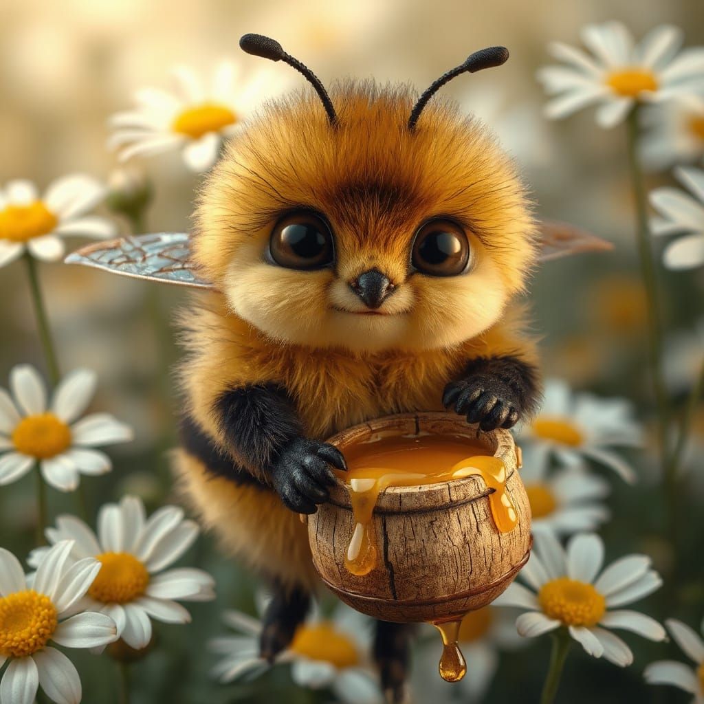 A highly detailed, ultra-realistic yet adorable fluffy bee with big, round, shiny expressive ...