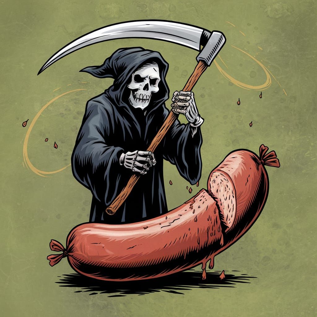 The Grim Reaper slicing a giant sausage with his scythe