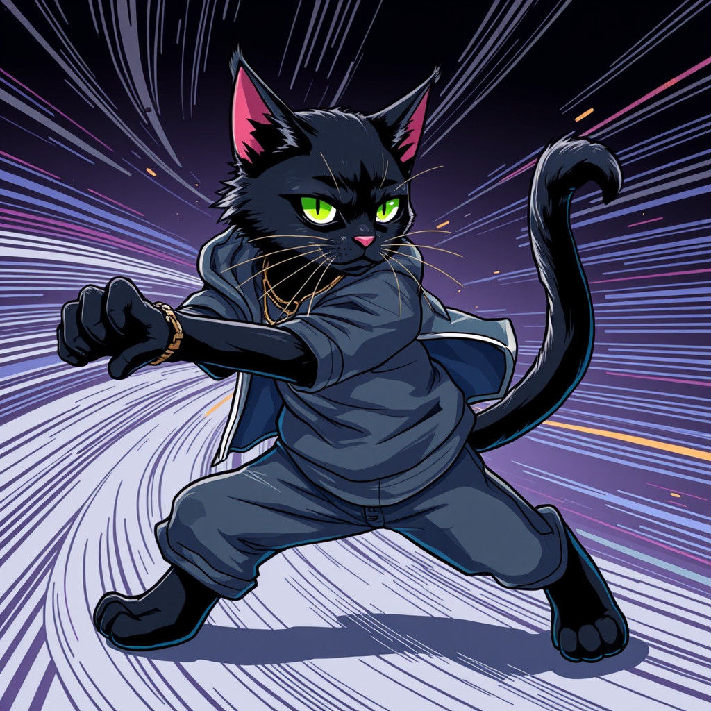 Anime-Inspired Cat Dancer in Vibrant Streetwear - AI Art