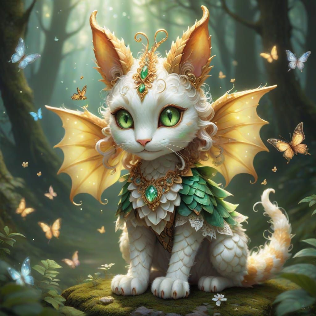 Fantasy Cat-Dragon Hybrid with Elf in Whimsical Fo... - AI Art