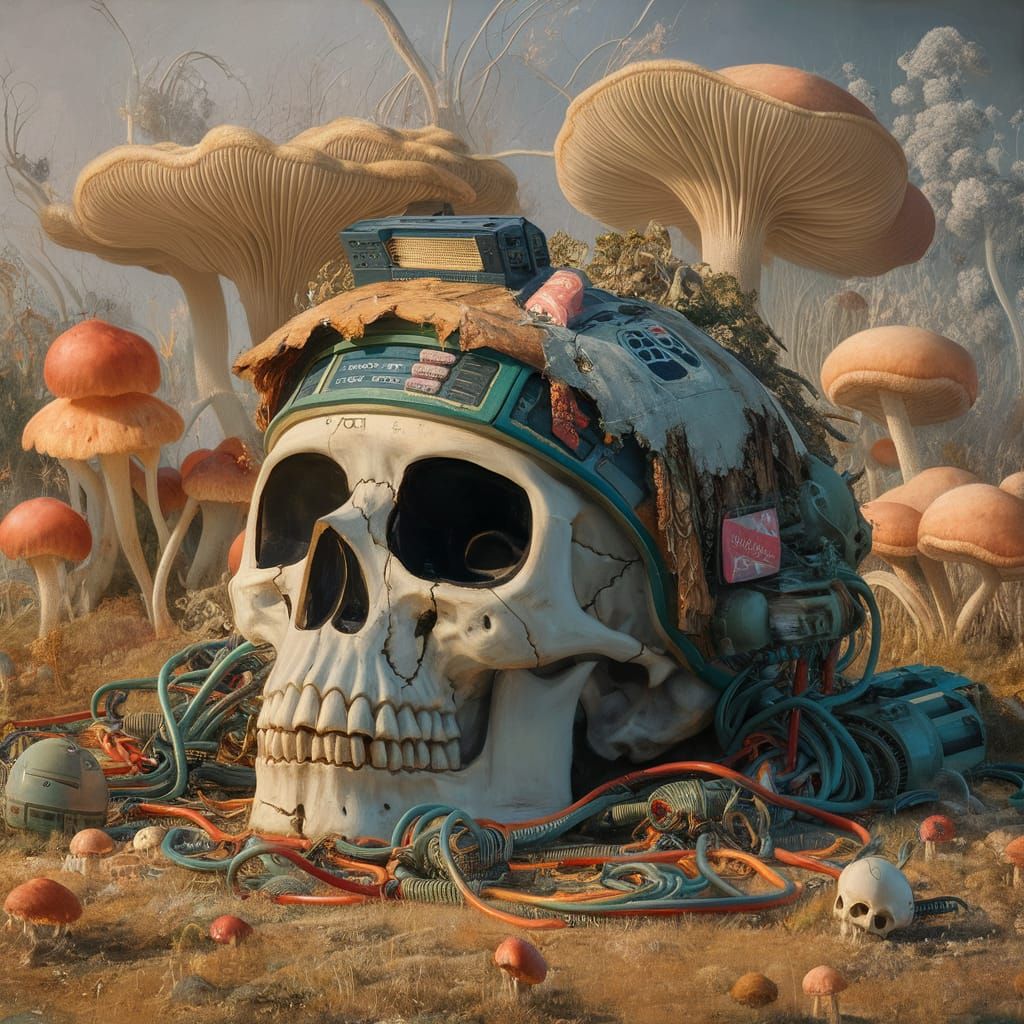 Oil painting of old computer skull, tattered anime, romanticism ...