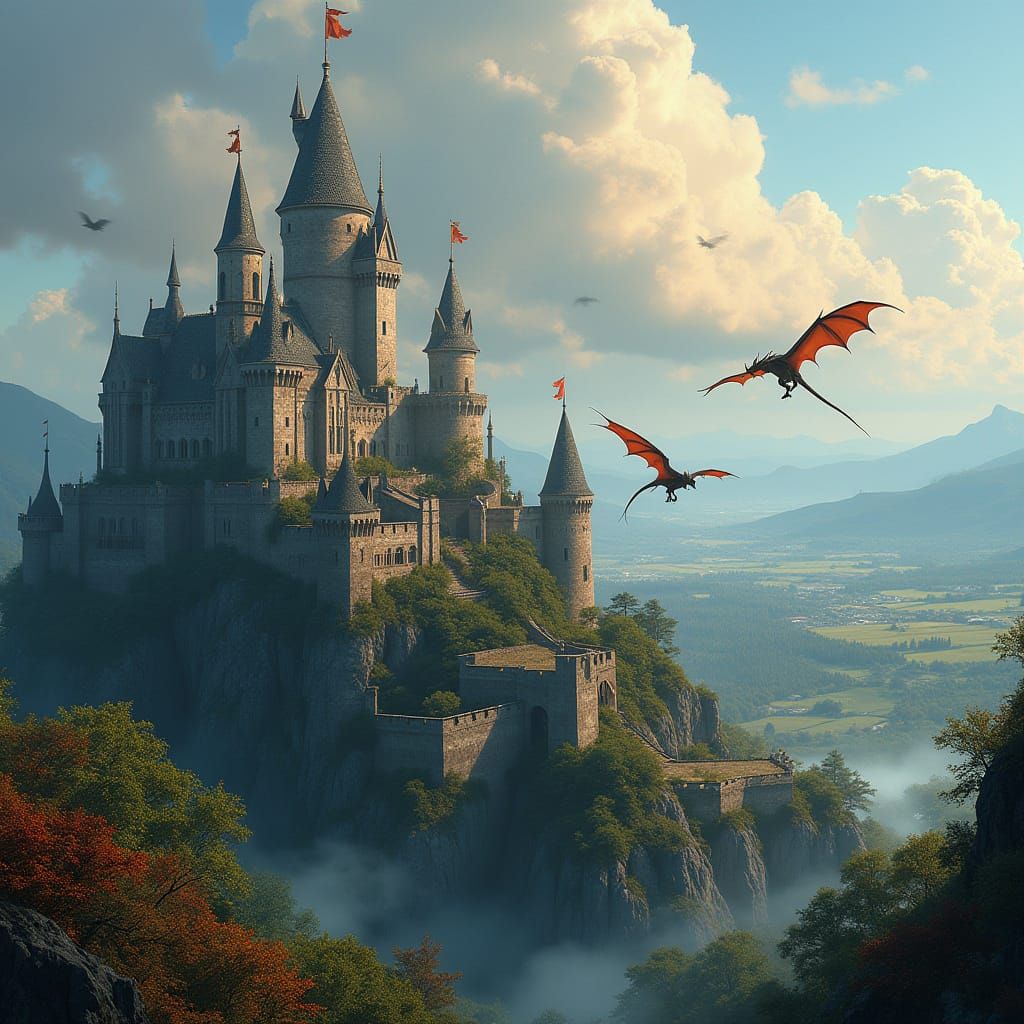 Epic Medieval Castle with Dragons in Flight - AI Art