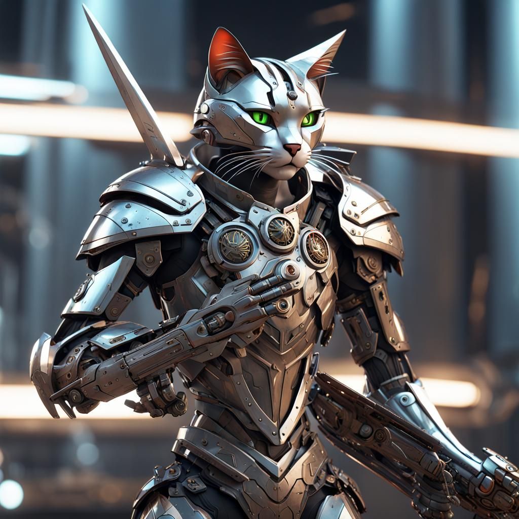 ((warrior cats, in armor with swords ans shields)) intricate mech ...