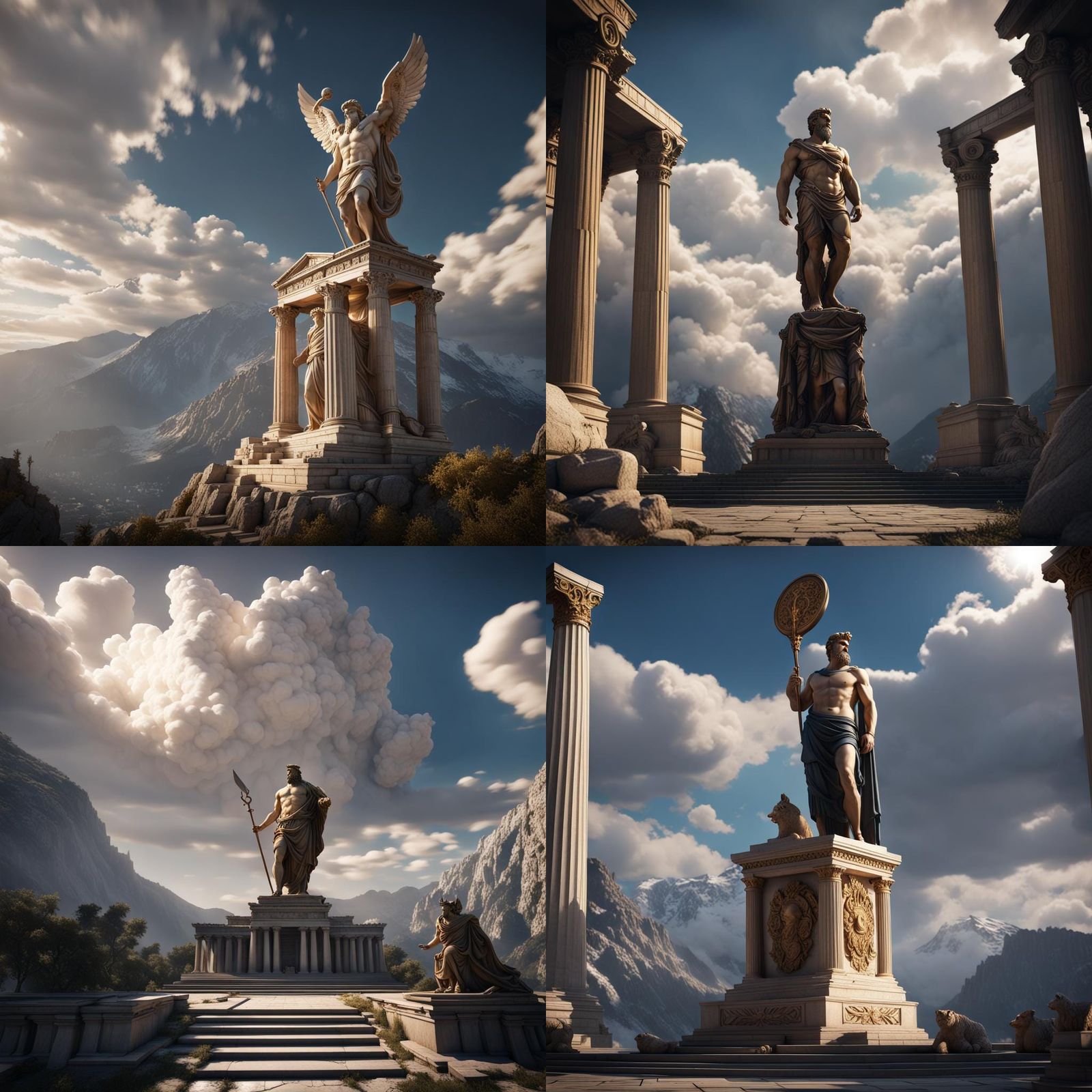 Ancient greece, mount olympus, clouds, statue of zeus Olympia Greece, a ...