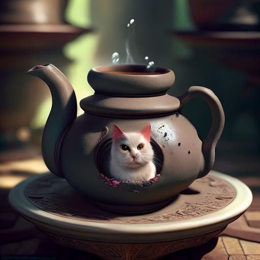 Focus on Pottery, Cat-shaped tea-pot with trompe l'oeil painting ...