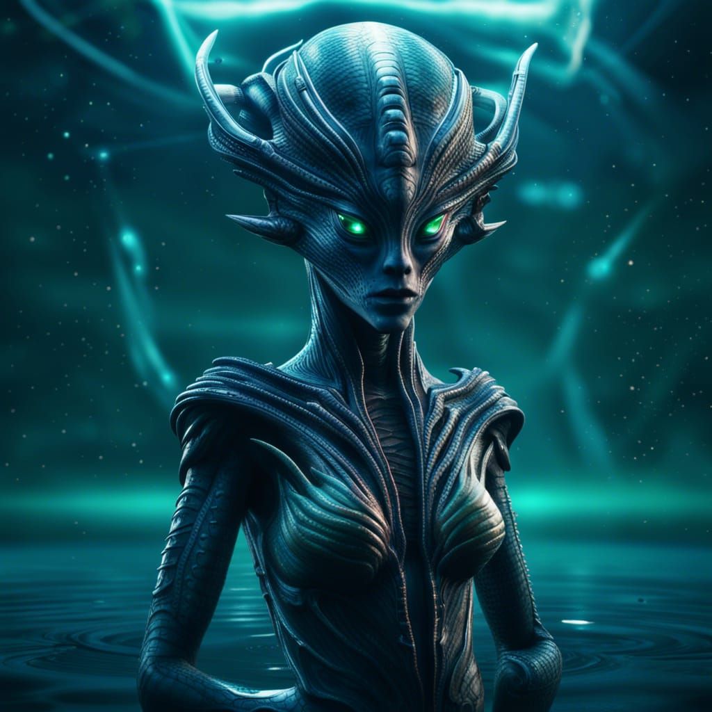 full body portrait stellaris style alien, female alien king, water ...
