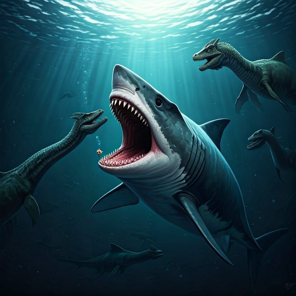 Giant Megalodon Attacks Submarine in Dark Ocean De... - AI Art