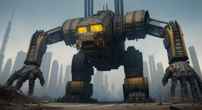 terrifying 80 meter tall armored industrial yellow iron destruction ...