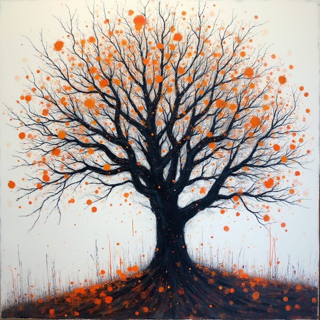 Autumn tree - Vibrant Winter Oak Tree in Pollock-Inspired Ex...