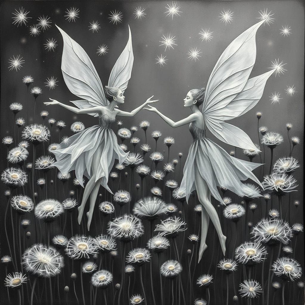 Whimsical Winged Fairies in a Vibrant Dandelion Dr... - AI Art