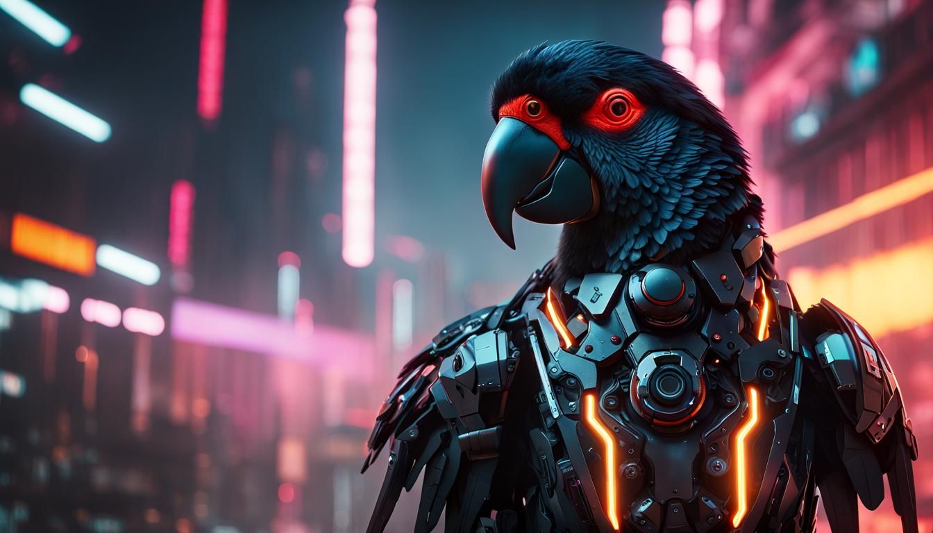 (((Black tecnology Cyborg Parrot on the shoulder : 1.8))), Draw the ...