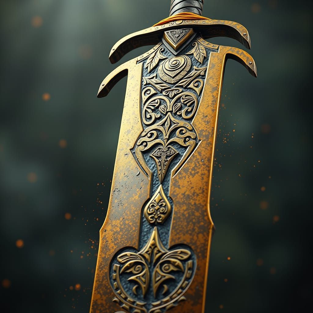 a large ancient looking sword made from gold and wrought iron strands ...