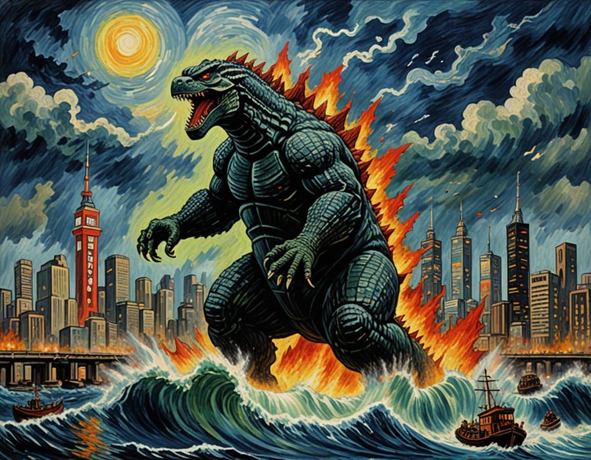 An oil painting of Godzilla attacking Tokyo, by Vincent Van Gogh
