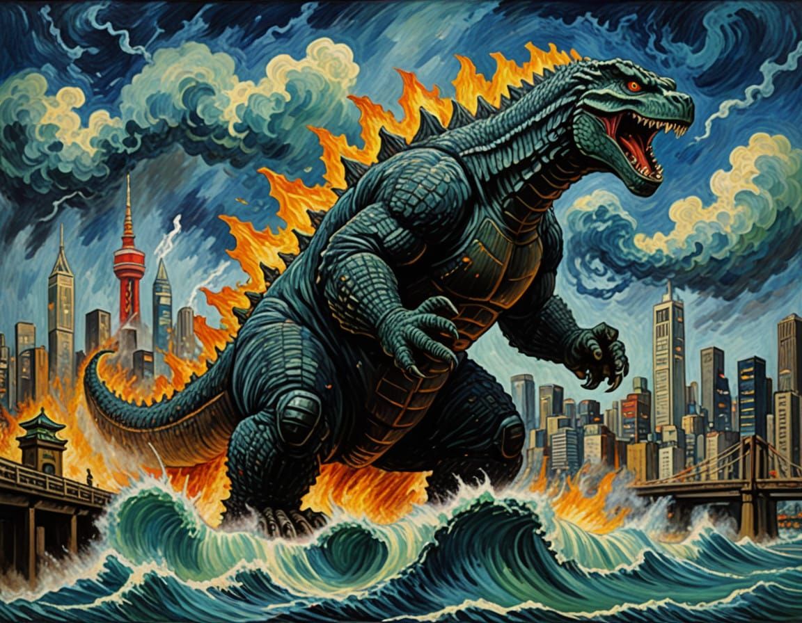 An oil painting of Godzilla attacking Tokyo, by Vincent Van Gogh