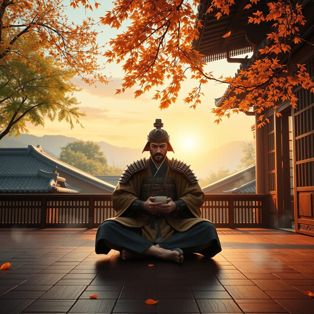 "Create a stunning image of a revered Samurai seated in his traditional ...