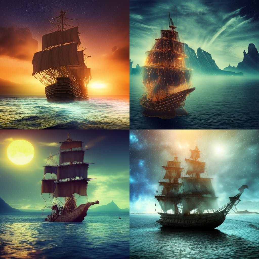 A pirate ship on a mystical sea, galaxy sky, high resolution detailed ...