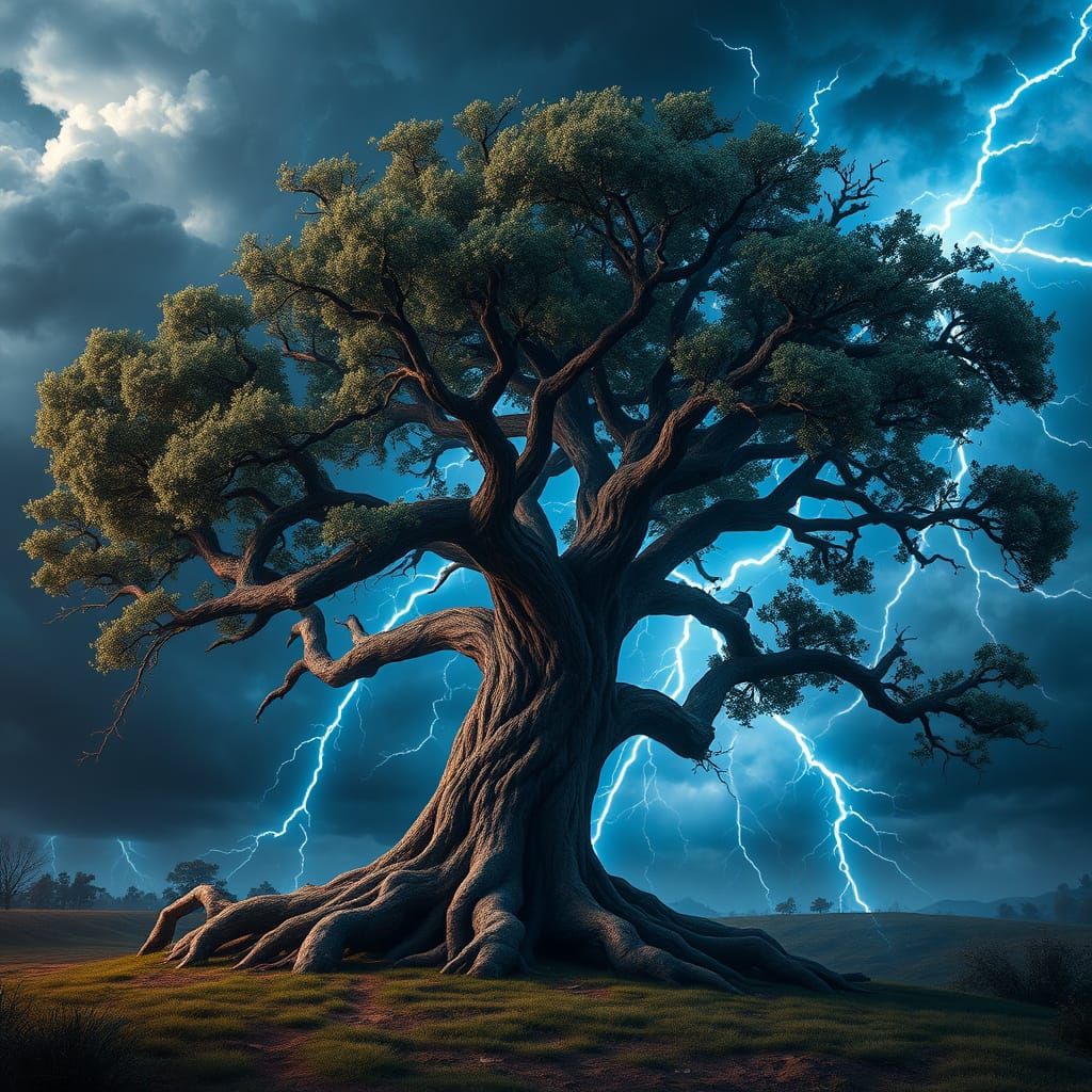 A beautiful Oak tree with bolts of lightning in the background