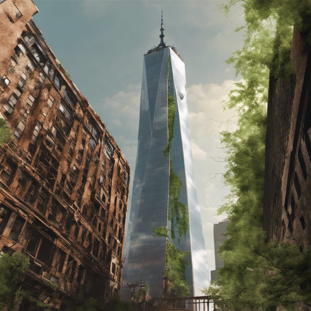 One World Trade Center rusted and decayed, lush green vines, decrepit ...