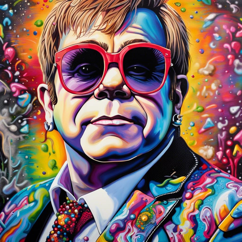 Elton John with funky glasses, portrait of his face, hyper-detailed ...
