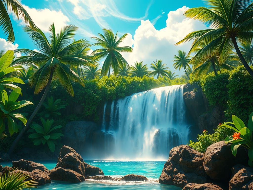 Polynesian Waterfall - Mystical Polynesian Waterfall in Eme...