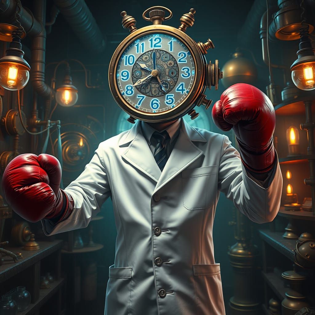 Steampunk Scientist Hero with Clock Head and Boxin... - AI Art