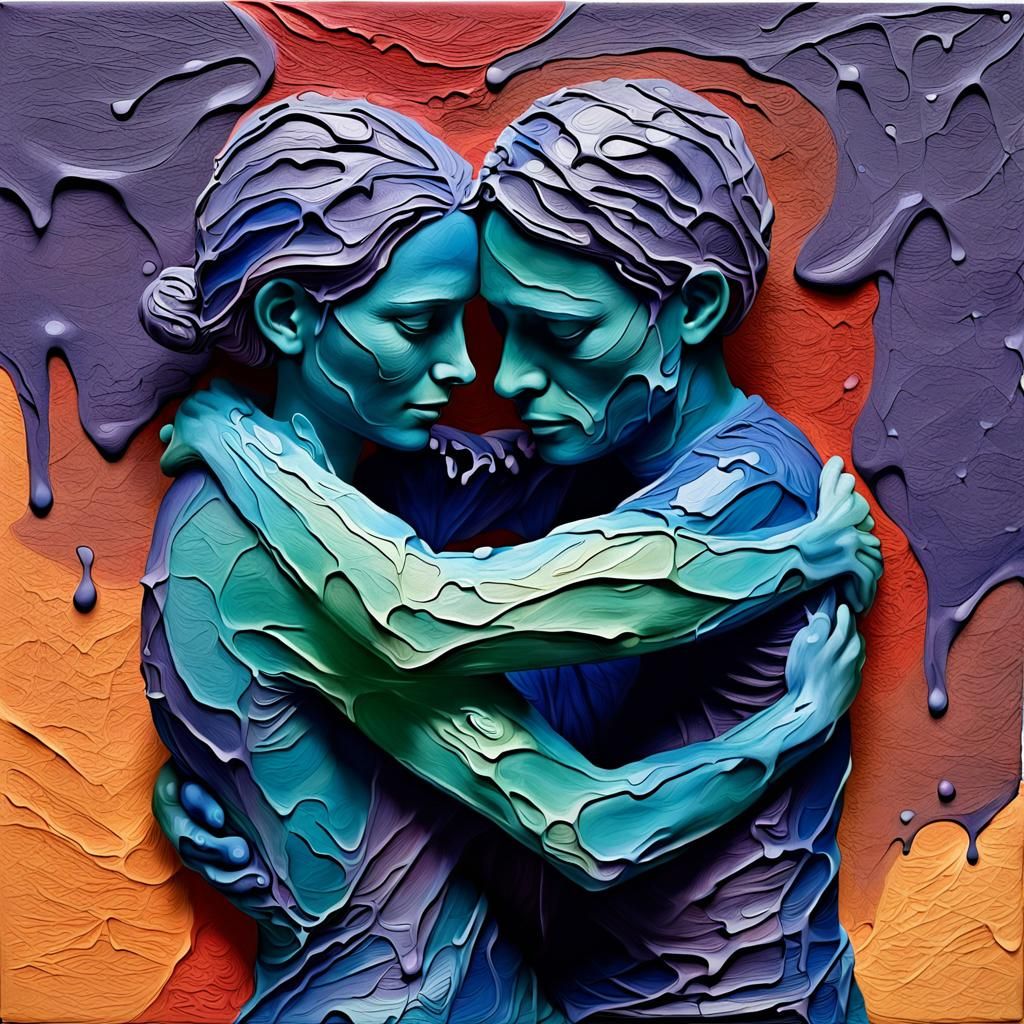 a painting of two people hugging each other, an ultrafine detailed ...