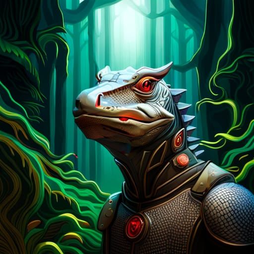 Portrait of a cyborg comodo dragon from Indonesia wearing futuristic ...