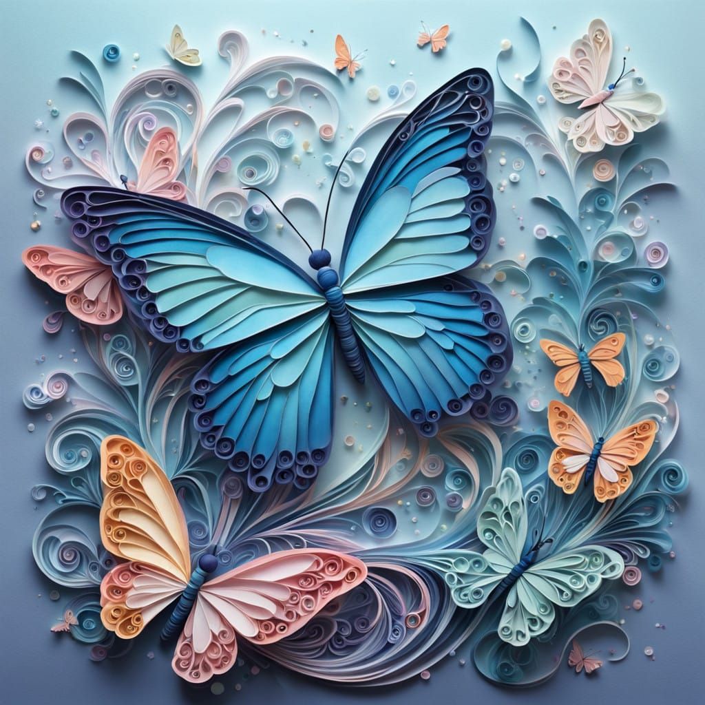 Quilled Paper Butterfly in Whimsical Dreamscapes - AI Art