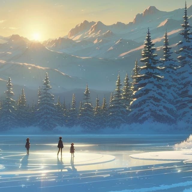 Frozen pond with ice skaters winter portrait. Studio Ghibli, Anime Key ...