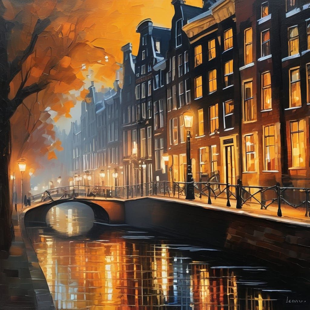 Amsterdam at night in the style of Leonid Afremov