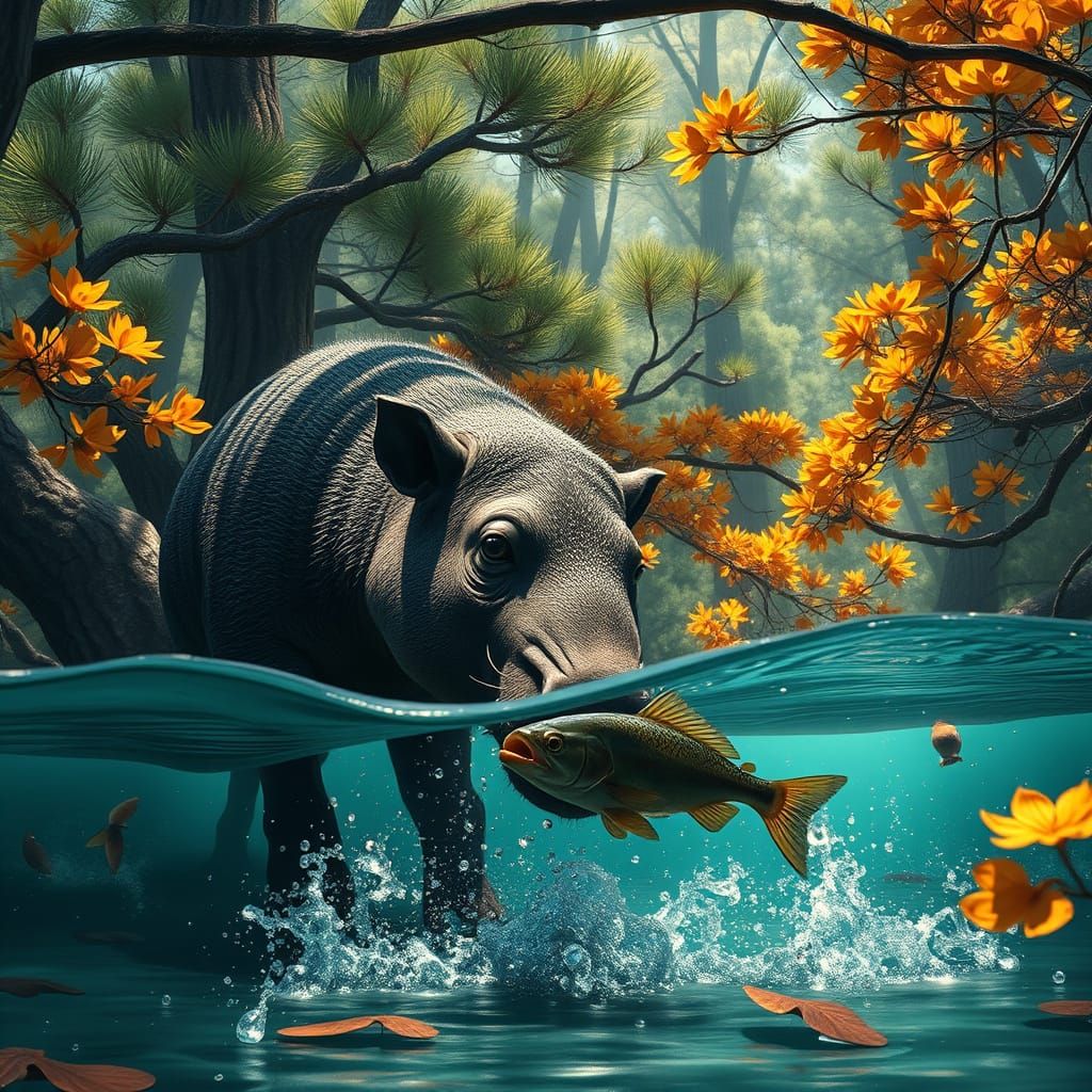 Tapir, realistic animal, eating fish, bubbling water, bubbles, flowers ...
