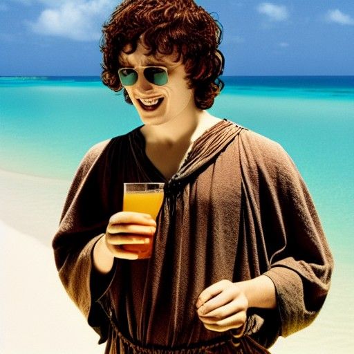 Frodo Baggins, on a tropical island, wearing sunglasses, enjoying a ...