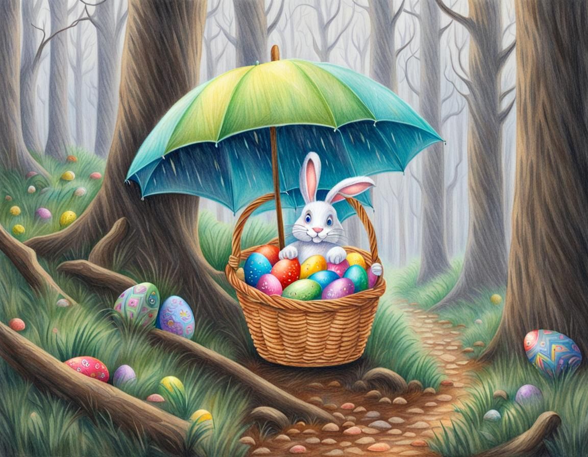 Raining umbrella Easter Bunny Easter basket hiding Easter eggs in a ...
