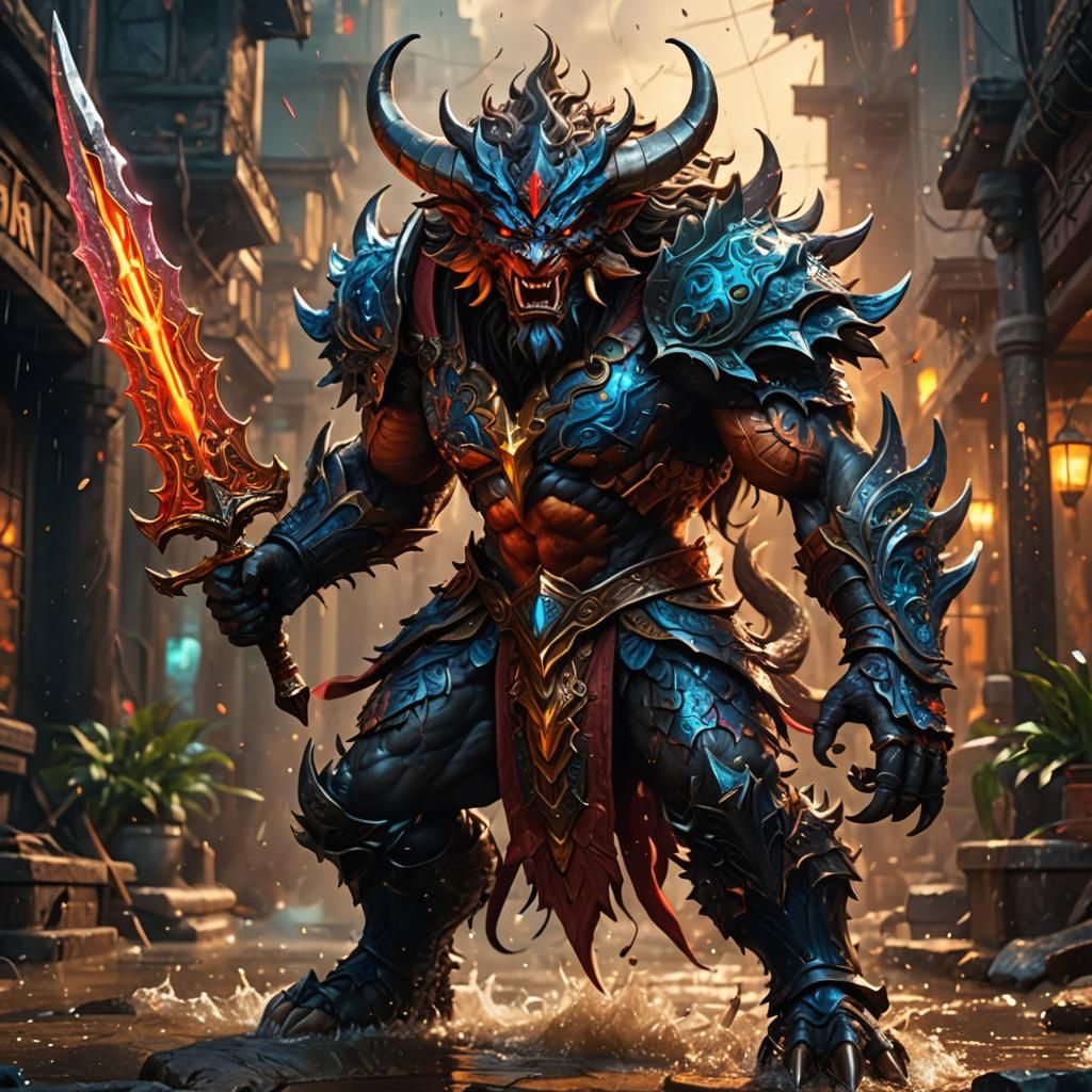 A fearsome and powerful demon with a splashed weapon(long handle and ...