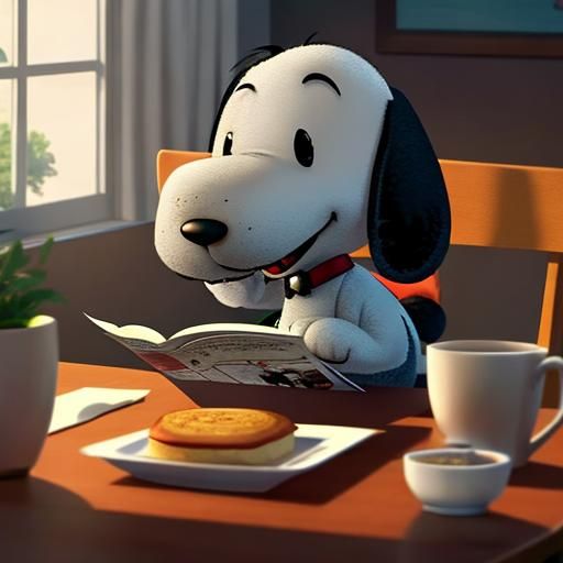 adorable CGI cartoon Snoopy dog reading the newspaper at breakfast in ...