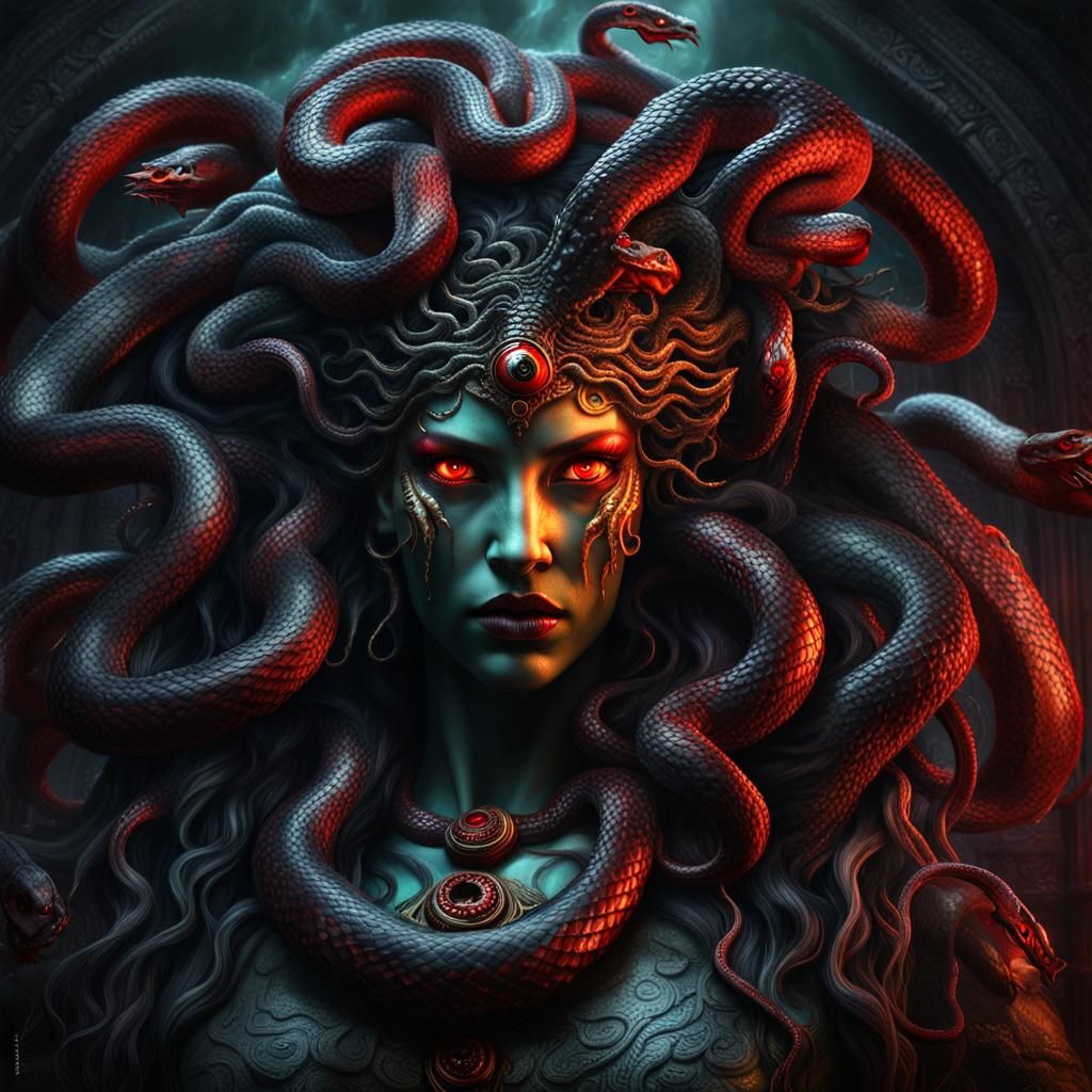 Photorealistic portrait of a majestic evil medusa goddess. - AI ...