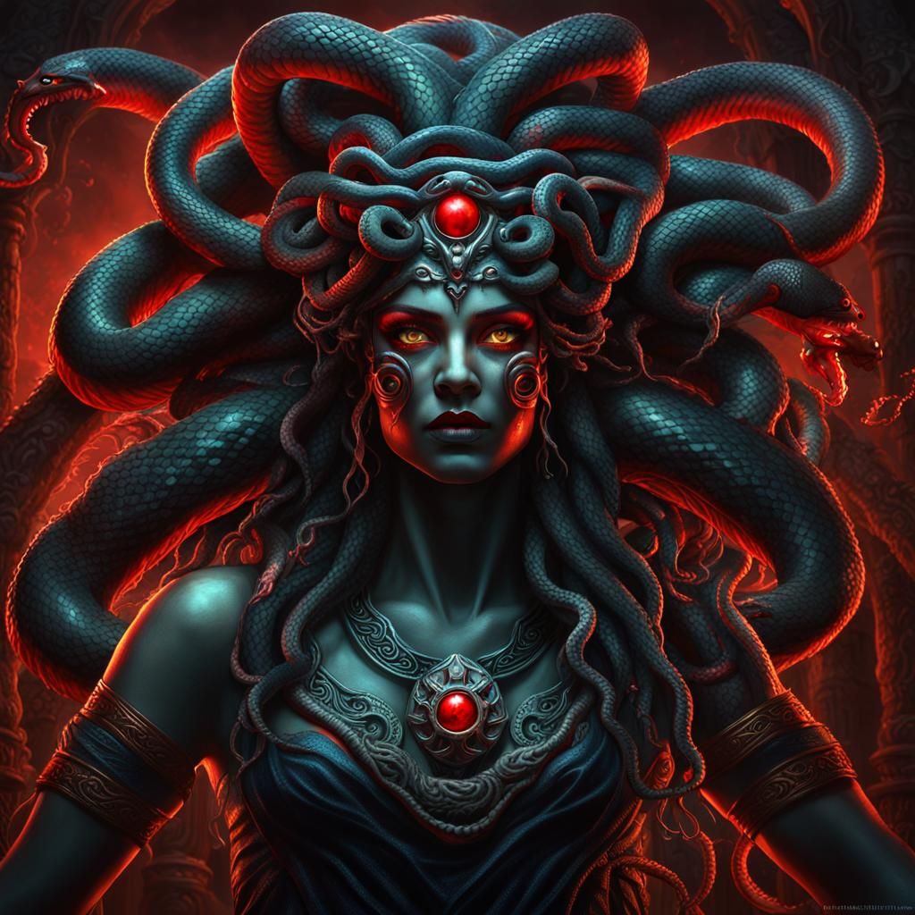 Photorealistic portrait of a majestic evil medusa goddess. - AI ...