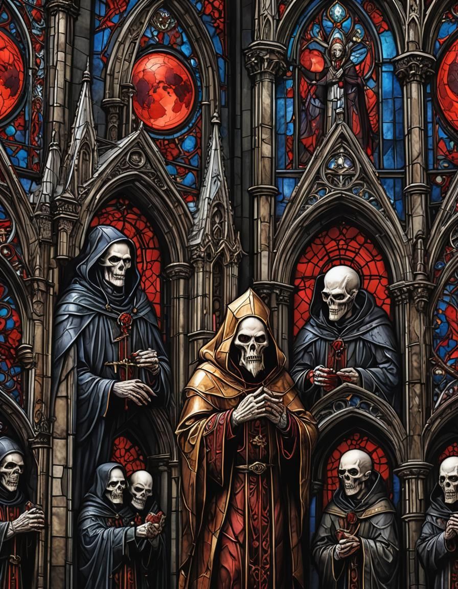 dark gothic blood moon vampire cathedral evil monks stained glass - AI ...