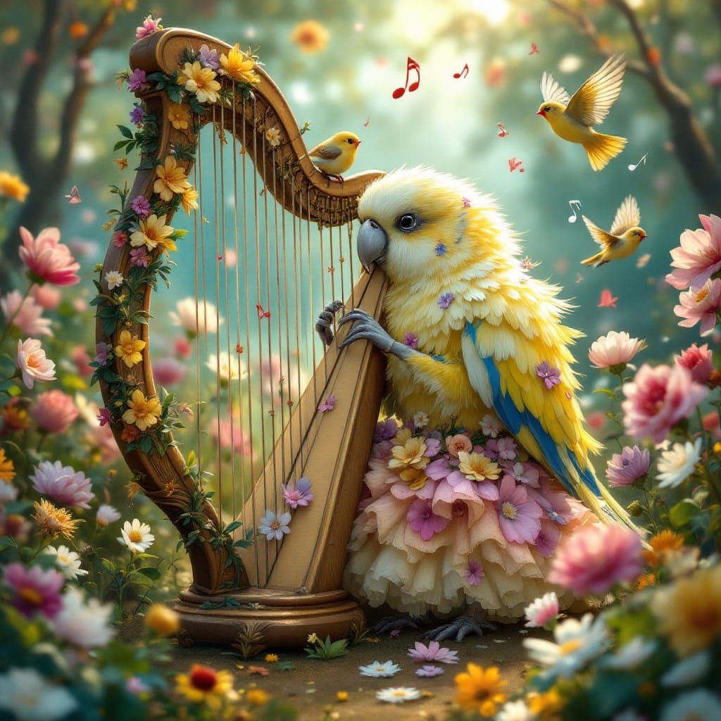 Bird playing a Harp - Whimsical Parakeet Harpist Delights Me...
