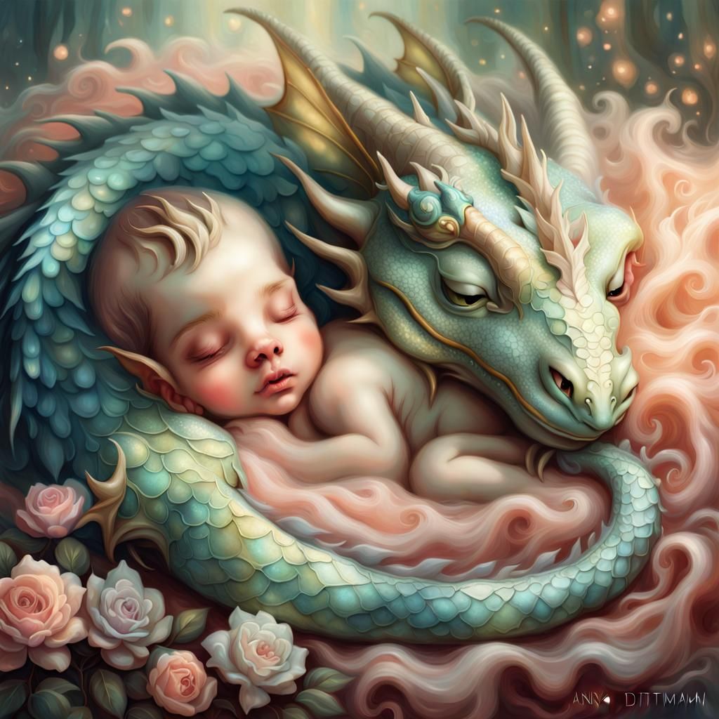photo of an adorably cute baby dragon sleeping cuddled up with an ...