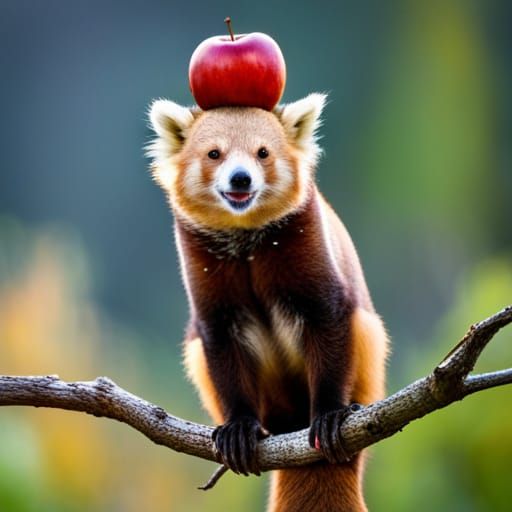 giant red panda balancing colorful apples on his head - AI Generated ...
