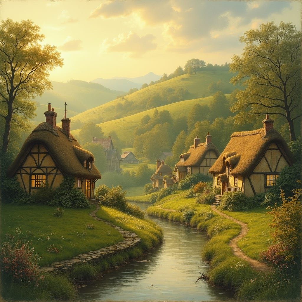 Victorian Village Landscape in Whimsical Dreamy St... - AI Art