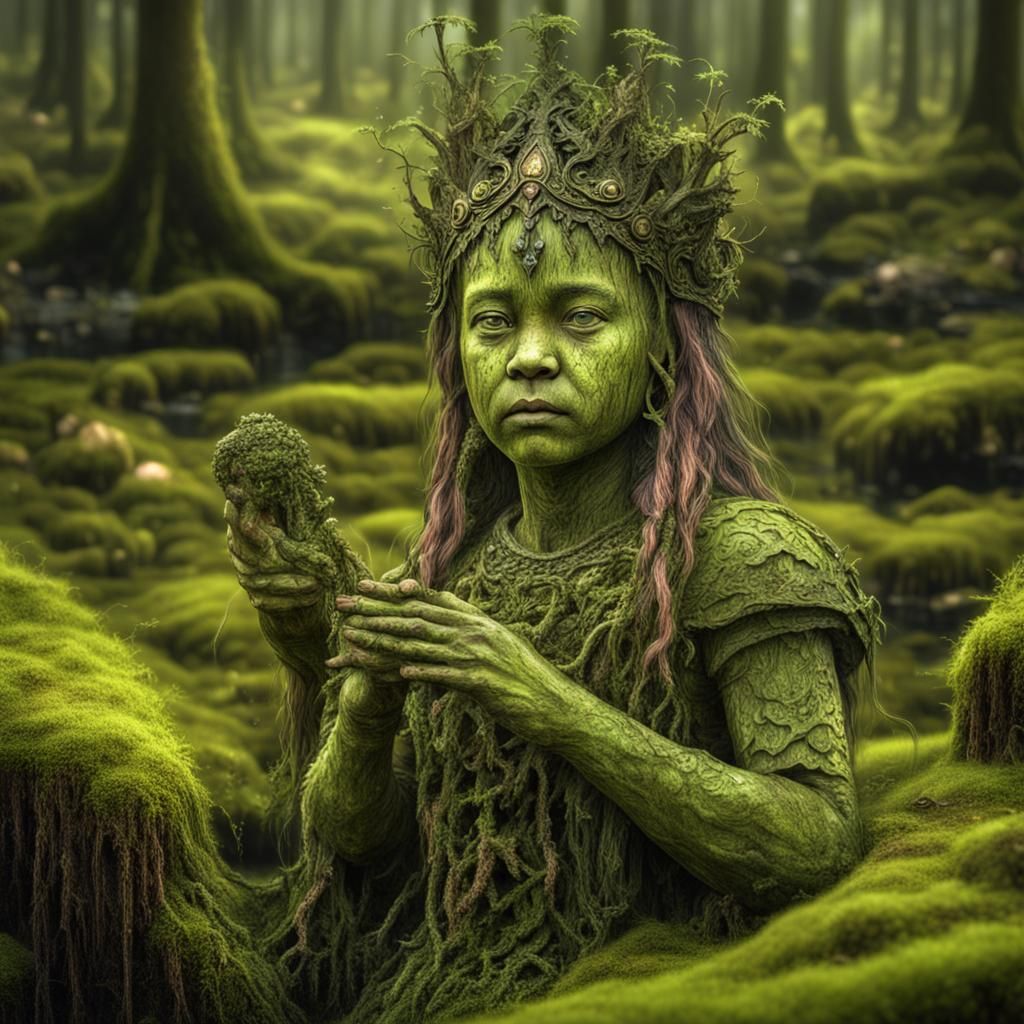 A beautiful young wood princess spirit coming from a mossy green bog ...